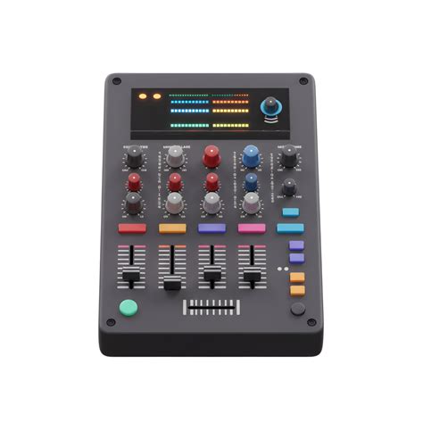 A Black Audio Mixer Features Colorful Knobs Faders And Level Meters For Adjusting Sound Often