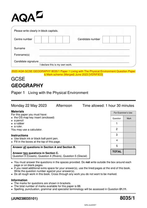 2023 Aqa Gcse Geography 8035 1 Paper 1 Living With The Physical Environment Question Paper