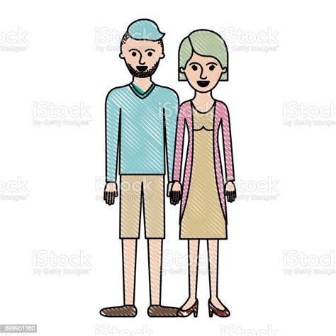 T셔츠 긴 소매와 짧은 색된 크레용 실루엣에 그 커플 바지 및 높은 페이드가 발 및 수염 수염과 그녀의 짧은 머리와 함께 블라우스와 재킷 및 치마와 뒤꿈치 신발 신발 2명에