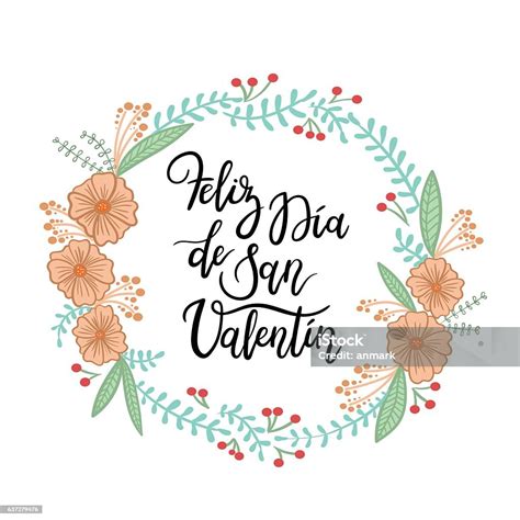 스페인어 문구 해피 발렌타인 데이 펠리즈 산 발렌틴 인사말 카드 0명에 대한 스톡 벡터 아트 및 기타 이미지 0명 꽃 식물