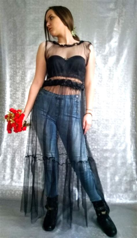 Black Tulle Sheer Mesh Dress Flower Applique Evening Gown Etsy Uk