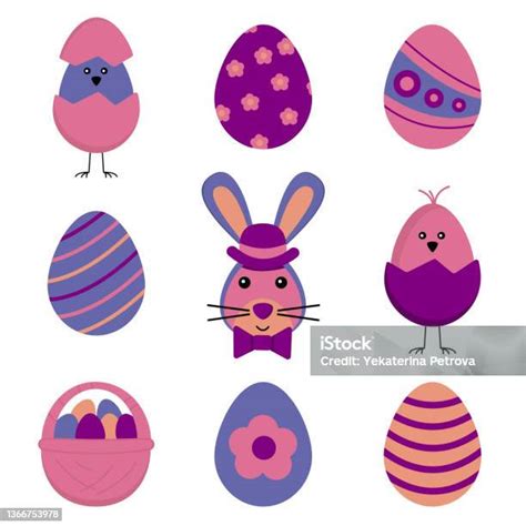 트렌디 한 밝은 부활절 요소의 세트디자인 인사말 카드 포스터 초대장 디지털 프로젝트의 경우 축제 부활절 달걀 부활절 토끼 닭 0명에 대한 스톡 벡터 아트 및 기타 이미지