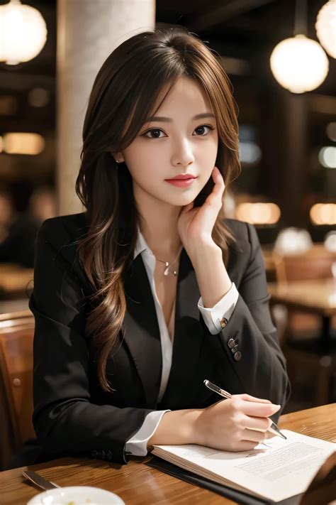 スーツを着た女性がノートを持ってテーブルに座っている Seaart Ai
