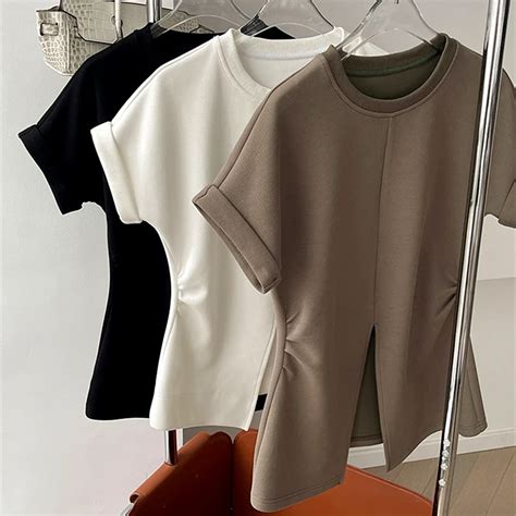 스트릿웨어 스플릿 플라잉 슬리브 코튼 티셔츠 루즈한 우아한 오피스 레이디 솔리드 여성 섹시 탑 한국 패션 여름 라지 2xl Aliexpress