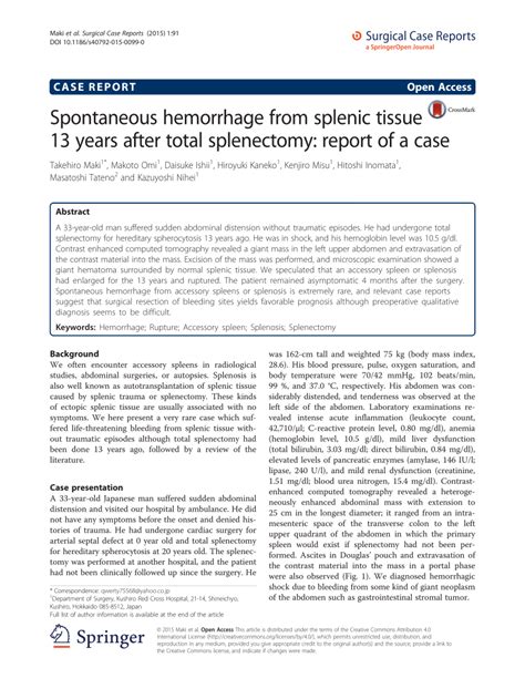 Pdf Spontaneous Hemorrhage From Splenic Tissue 13 Years After Total Splenectomy Report Of A Case