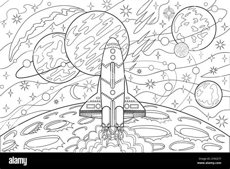 Hand Drawn Line Art Illustration With Retro Future Space Rocket Spacecraft Planets Stars And