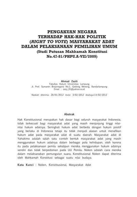 Pdf Pengakuan Negara Terhadap Hak Hak Politik Right To Vote Masyarakat Adat Dalam