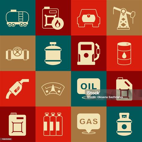 프로판 가스 탱크 모터 오일용 캐니스터 배럴 가스 차량 금속 파이프 및 밸브 석유 철도 수조 및 주유소 아이콘을 설정합니다 벡터 0명에 대한 스톡 벡터 아트 및 기타 이미지