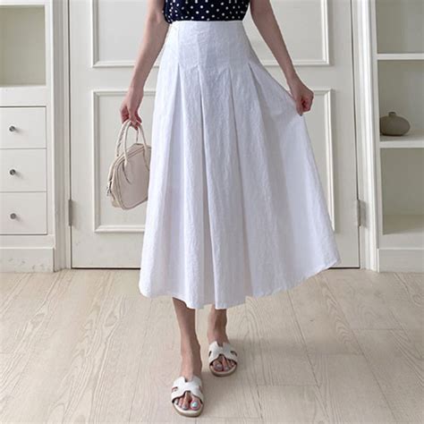 시크온미 여성 여름 A라인 스커트 치마 롱스커트 롱치마 긴치마 화이트 아이보리 셔링 플리츠 밴딩