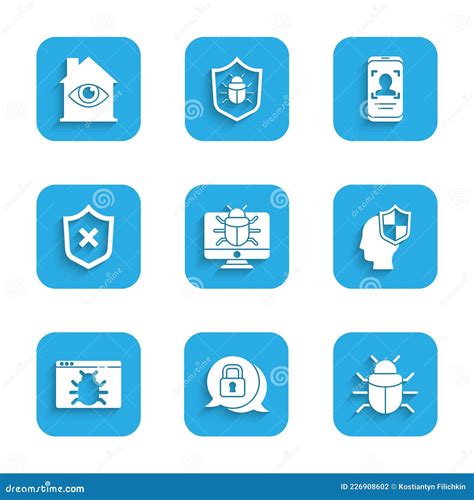 Set System Bug On Monitor Cyber Security Head With Shield Shield Cross Mark Mobile And Face