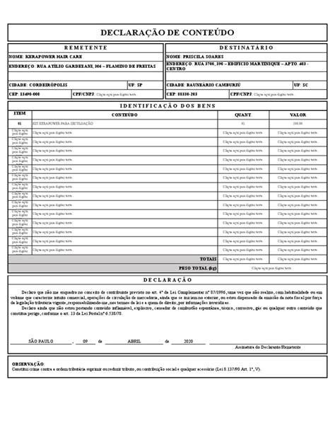 Declaração De Conteúdo Para Os Correios Pdf