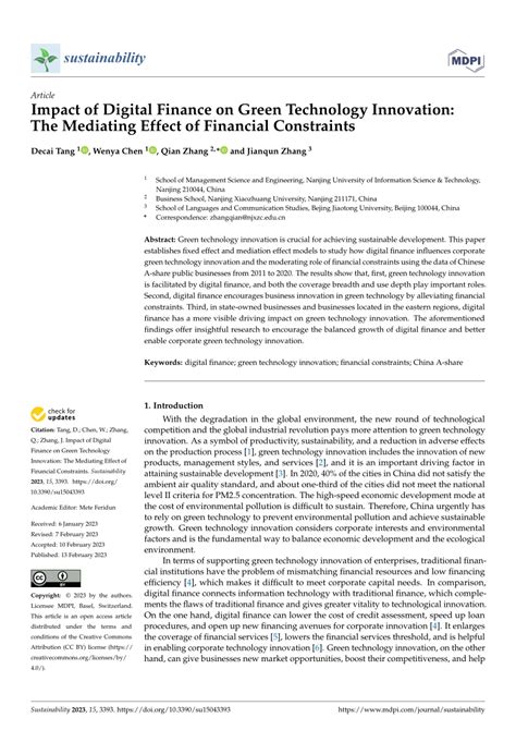 Pdf Impact Of Digital Finance On Green Technology Innovation The Mediating Effect Of