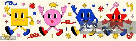 얼굴 팔 다리의 감정이 담긴 기본 기하학적 모양의 세트입니다 현대 벡터 일러스트레이션 귀엽고 재미있는 캐릭터 요소 0명에 대한