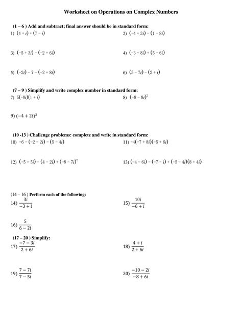 operations with complex numbers worksheet worksheets library