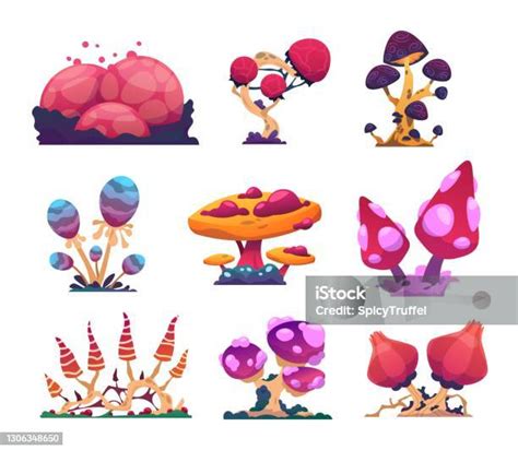 외계인 버섯 만화 판타지 식물 외계 자연 물약에 대한 마법의 재료 격리된 두꺼비 도구 유형 집합입니다 포자가 있는 기괴한 그레브 벡터 가상의 곰팡이 강렬하고 밝은 색상에