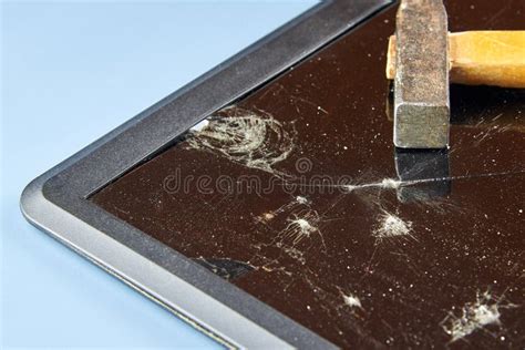 Broken Laptop Screen With A Hammer On It Stock Image Image Of Laptop Cracked