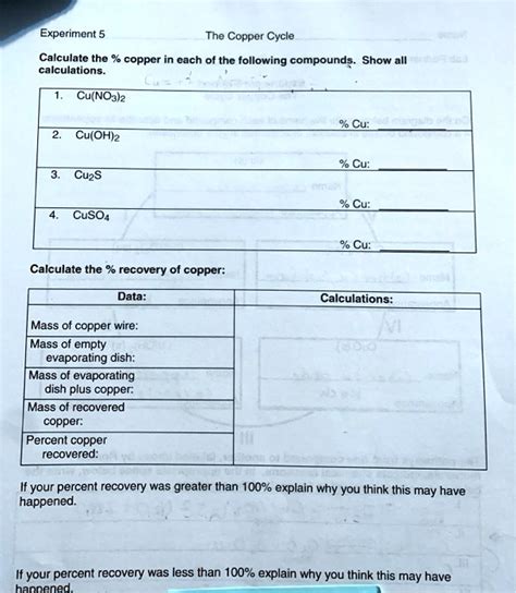 SOLVED Experiment The Copper Cycle Calculate The Copper In Each Of The Following Compounds