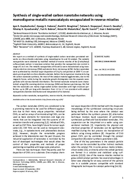 Pdf Synthesis Of Single Walled Carbon Nanotube Networks Using Monodisperse Metallic