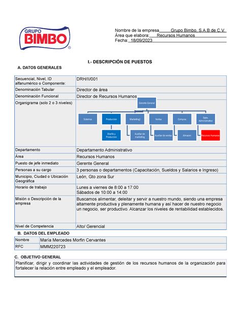 Descripcion Y Perfil Rh Nombre De La Empresa Grupo Bimbo S A De C