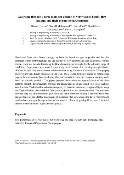 Pdf Gas Rising Through A Large Diameter Column Of Very Viscous Liquid Flow Patterns And Their