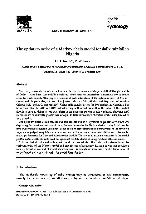 Pdf The Optimum Order Of A Markov Chain Model For Daily Rainfall In Nigeria