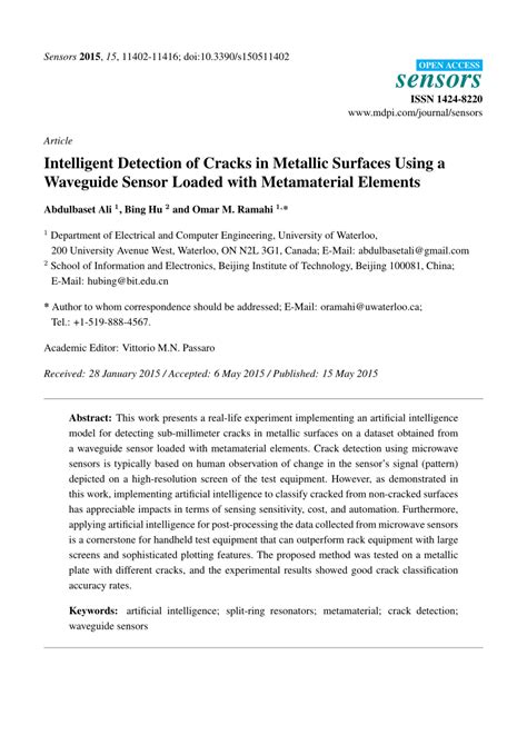 Pdf Intelligent Detection Of Cracks In Metallic Surfaces Using A Waveguide Sensor Loaded With