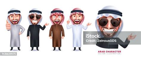 아랍 문자 벡터 세트 디자인 서있는 사우디 남자 잘 생긴 캐릭터는 흰색 배경으로 고립 된 컬렉션 포즈를 취합니다 개체 그룹에