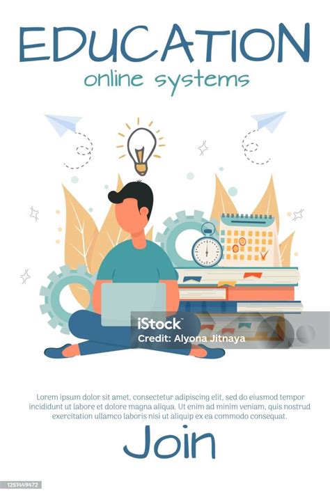 온라인 과정 E러닝 교육 스톡 벡터 일러스트레이션을 위한 배너 책 달력 스톱워치 근처 노트북과 함께 앉아 있는 학생 개인 생산성 구성 공부 플랫 스타일 가상현실에 대한 스톡