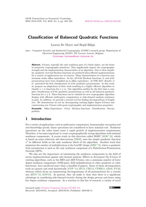Pdf Classification Of Balanced Quadratic Functions