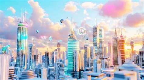 Futuristic Urban Landscape Ai Integration Digital Society Neon Holograms Stock Illustration