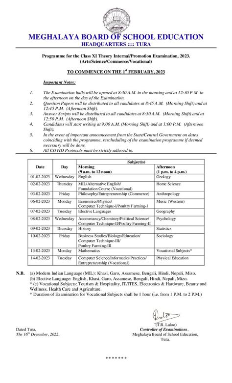 Mbose Class 11 Routine 2023