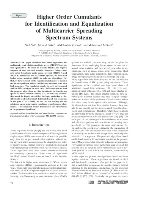 Pdf Higher Order Cumulants For Identification And Equalization Of Multicarrier Spreading