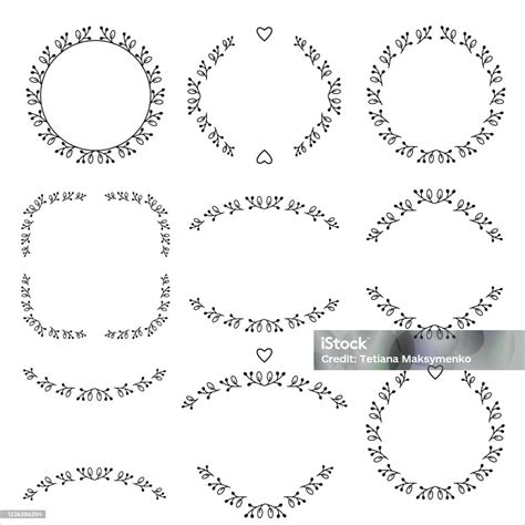 라인 아트 스타일의 둥근 꽃 프레임 나뭇잎 열매와 마음의 화려한 테두리 장식 요소의 벡터 그림입니다 개체 그룹에 대한 스톡 벡터 아트 및 기타 이미지 Istock