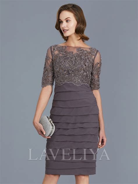 Sheath Scoop 12 Sleeves Cascading Ruffles Knee Length Chiffon Mother
