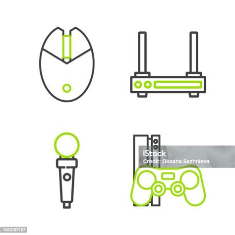 조이스틱 아케이드 기계용 조이스틱 라우터 및 Wifi 신호 및 컴퓨터 마우스 게임 아이콘이 있는 라인 게임 콘솔을 설정합니다 벡터 Brand Name Video Game에