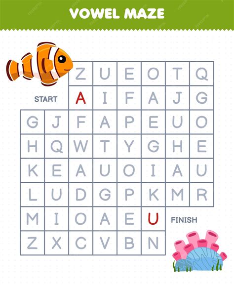 어린이 모음 미로를 위한 교육 게임은 귀여운 만화 물고기가 산호 인쇄 가능한 수중 워크시트로 이동하도록 도와줍니다 프리미엄 벡터