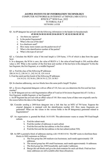 Cn Tutorial 8 9 Computer Network Practice Sheets Jaypee Institute