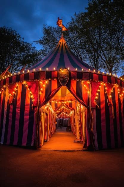 Premium Ai Image Circus Tent Entrance With Glowing Lights At Twilight Created With Generative Ai