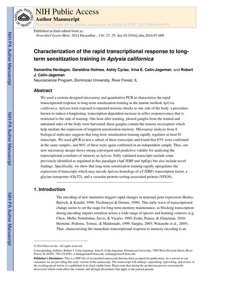 Pdf Characterization Of The Rapid Transcriptional Response To Long Term Sensitization Training