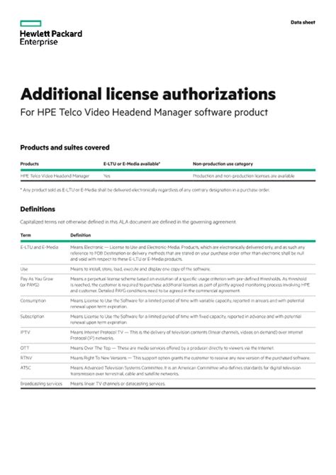 Additional License Authorizations For Hpe Telco Video Headend Manager Software Product