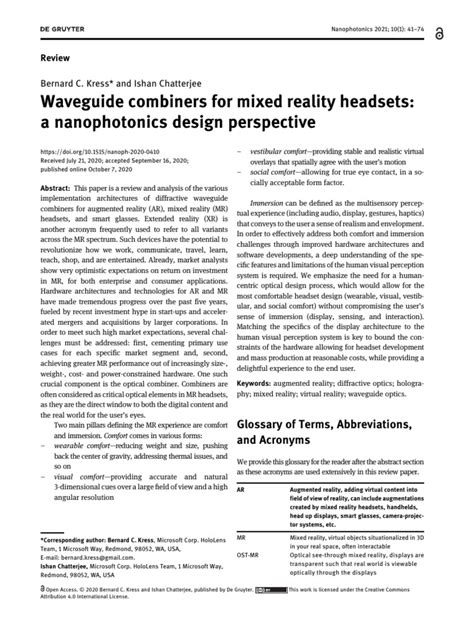 Waveguide Combiners For Mixed Reality Headsets A Nanophotonics Design