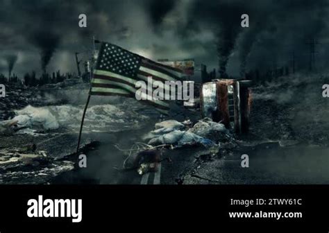 Post Apocalyptic Scene Usa Flag Stock Video Footage Alamy