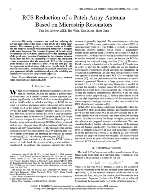 rcs reduction of a patch array antenna based on microstrip resonators