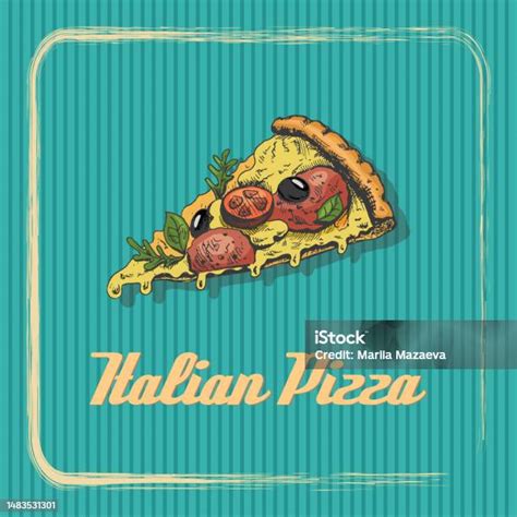 이탈리안 피자 한 조각이 있는 빈티지 배너 스케치 조각 메뉴 광고 또는 포장을 위해 손으로 그린 음식을 벡터로 만듭니다 포스터에