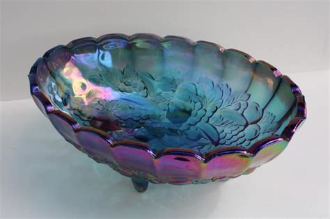 Vintage Blue Iridescent Carnival Glass Indiana Fruit Garland Footed Oval Bowl