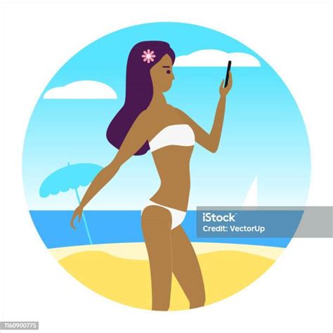 셀카 스마트 폰을 복용 바다 바다 여름 소녀에 아이콘 활동 휴가 여행 휴가 해변 서핑 야자수 식물 일광욕 벡터 플랫 만화 고립 된 그림 개념에 대한 스톡 벡터 아트 및 기타