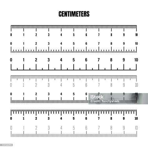길이 또는 높이를 측정하기위한 사실적인 검은 센티미터 스케일 분할이 있는 다양한 측정 스케일 눈금자 테이프 측정 표시 크기