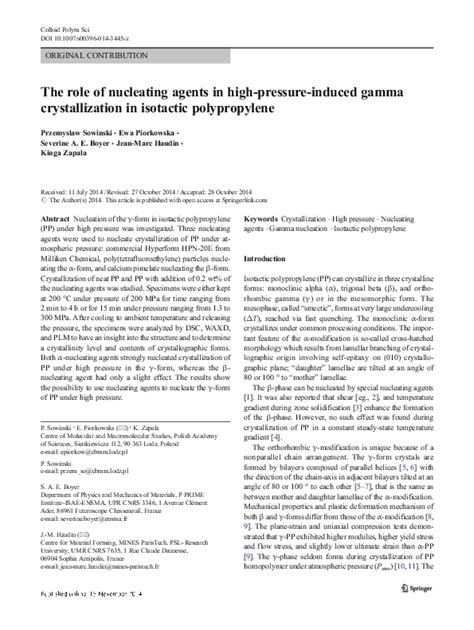 Pdf The Role Of Nucleating Agents In High Pressure Induced Gamma Crystallization In Isotactic