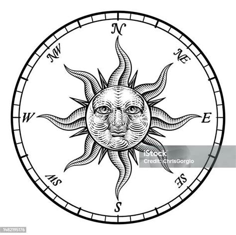 Compass Sun Face Etching Rose Woodcut Drawing Stock Illustration