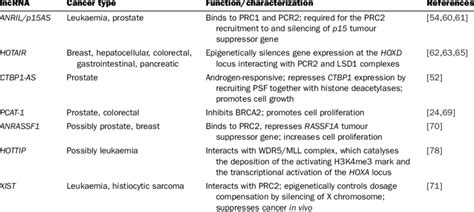 Examples Of Functional Lncrnas In Cancer Epigenetics Download Table